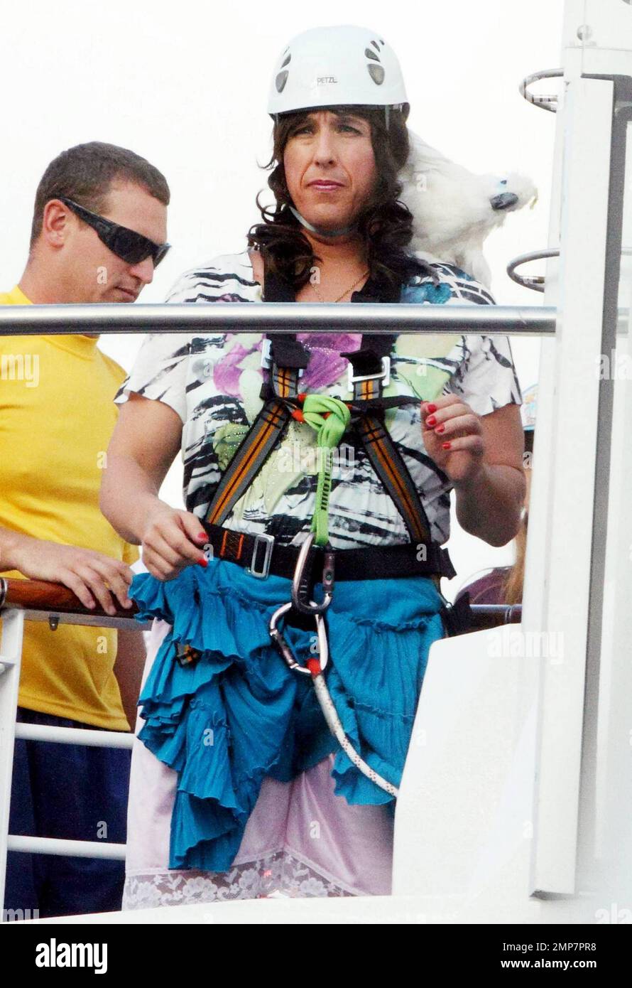 EXCLUSIVE!! Actor Adam Sandler gets rigged up on a zip line in costume ...