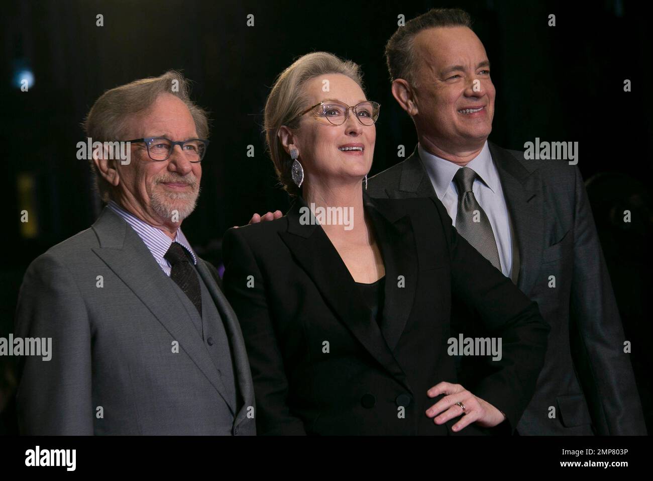 Director Steven Spielberg, actress Meryl Streep and Tom Hanks, right ...