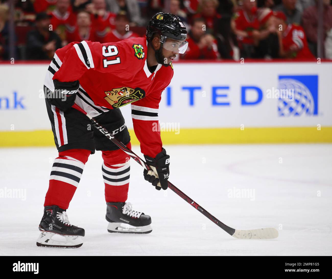 Chicago Blackhawks left wing Anthony Duclair (91) skates on the ice ...