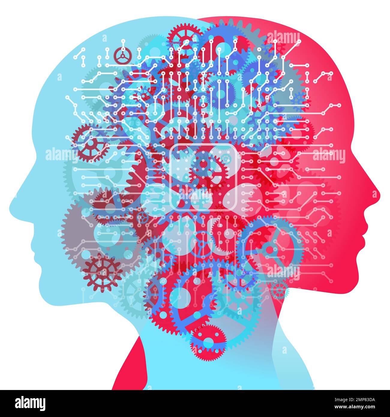 2-person back-to-back silhouette overlaid with semi-transparent Machine ...