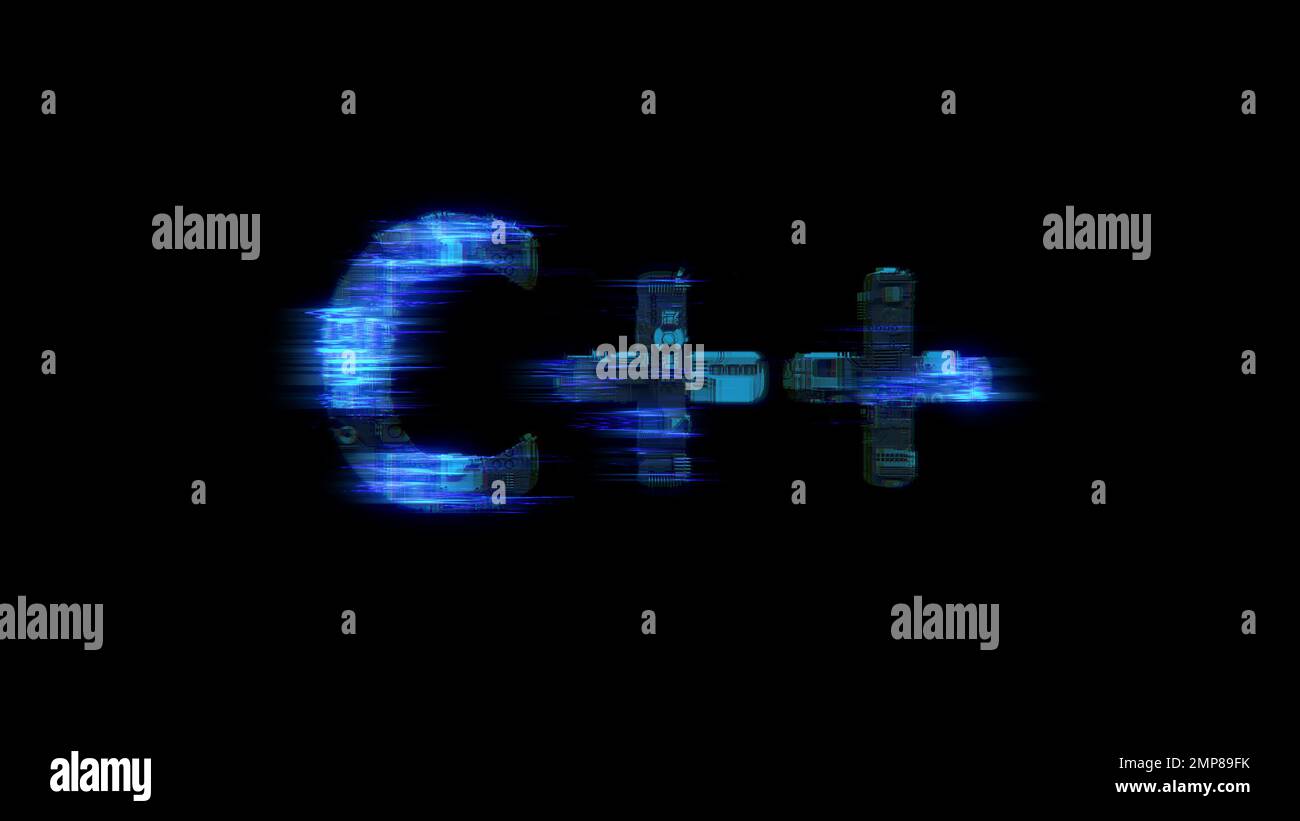 cybernetic electrical light shining text C++ in glitch style, isolated ...