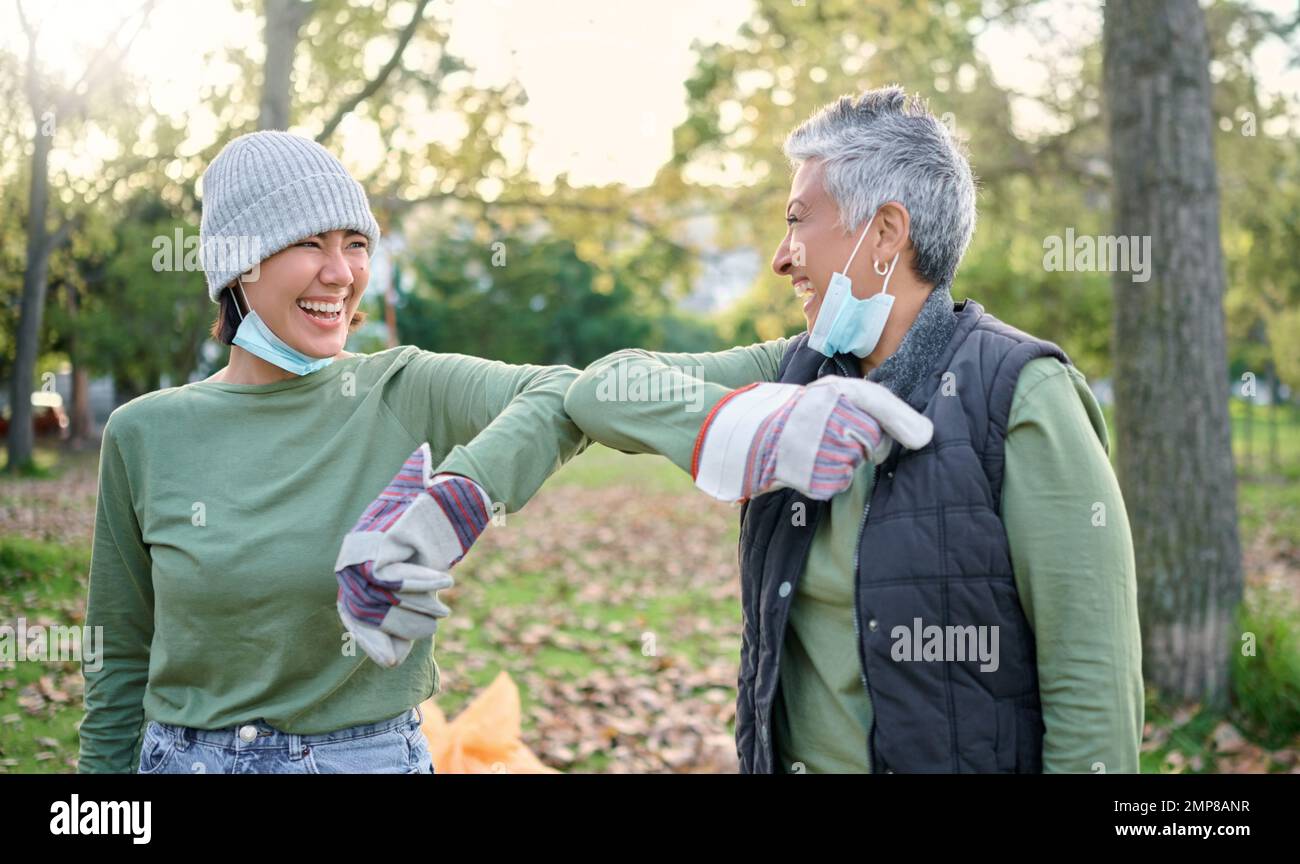 Covid, community volunteer and cleaning trash pollution, garbage waste ...