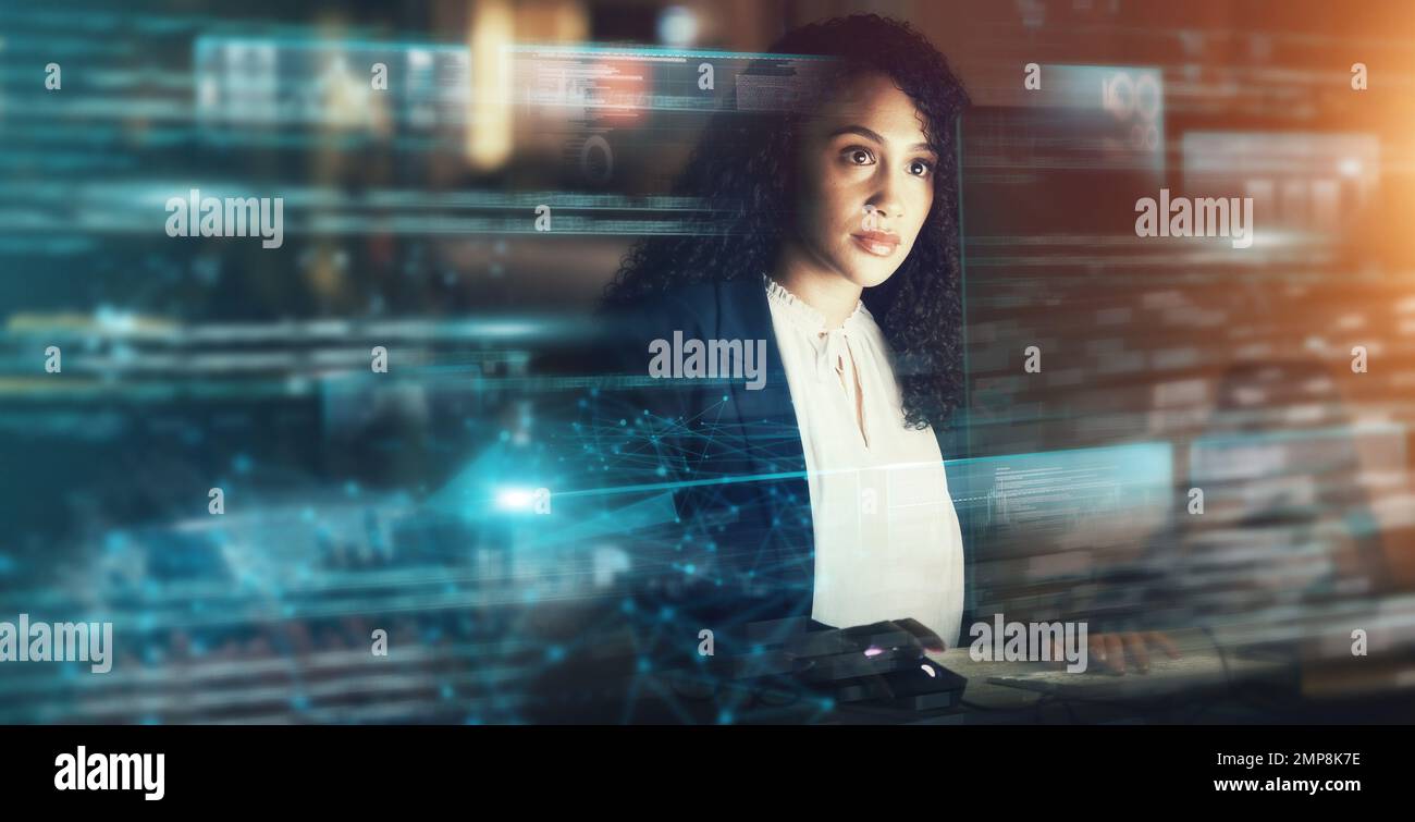 Futuristic, AI and business woman, cyber data and connectivity, iot ...