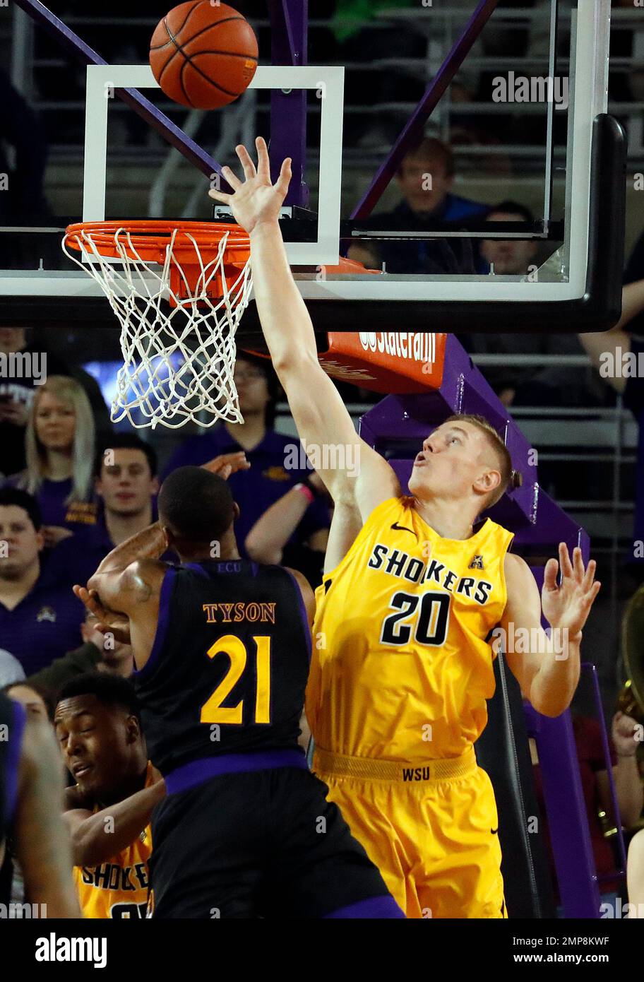 Wichita State's Rauno Nurger (20) rejects a shot by East Carolina's B.J ...