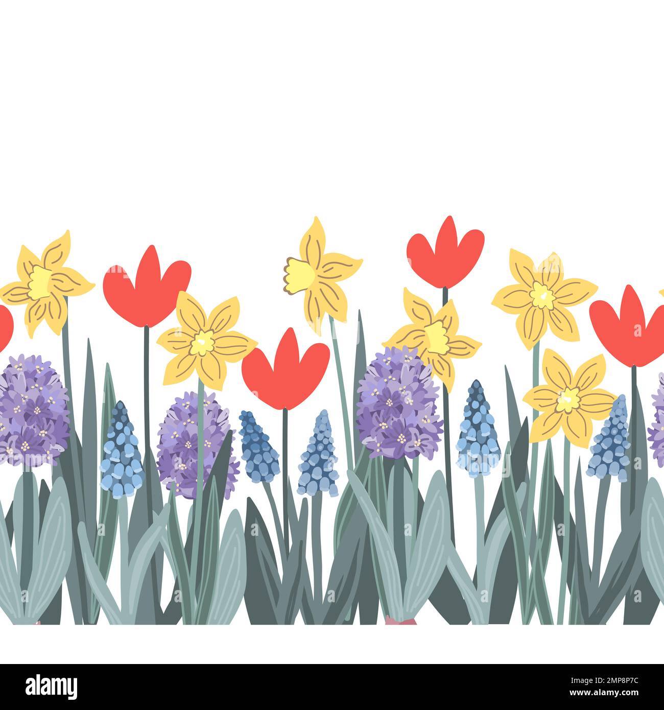 Seamless border of spring flowers, tulips, hyacinths, and daffodils ...