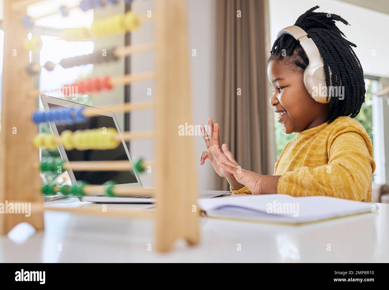Abacus, child learning and computer of a kid with knowledge development ...
