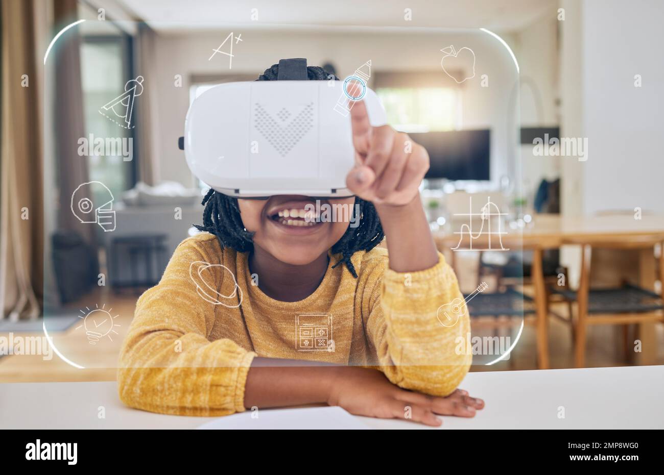 African girl child, vr education and house with 3d overlay, hand and ...