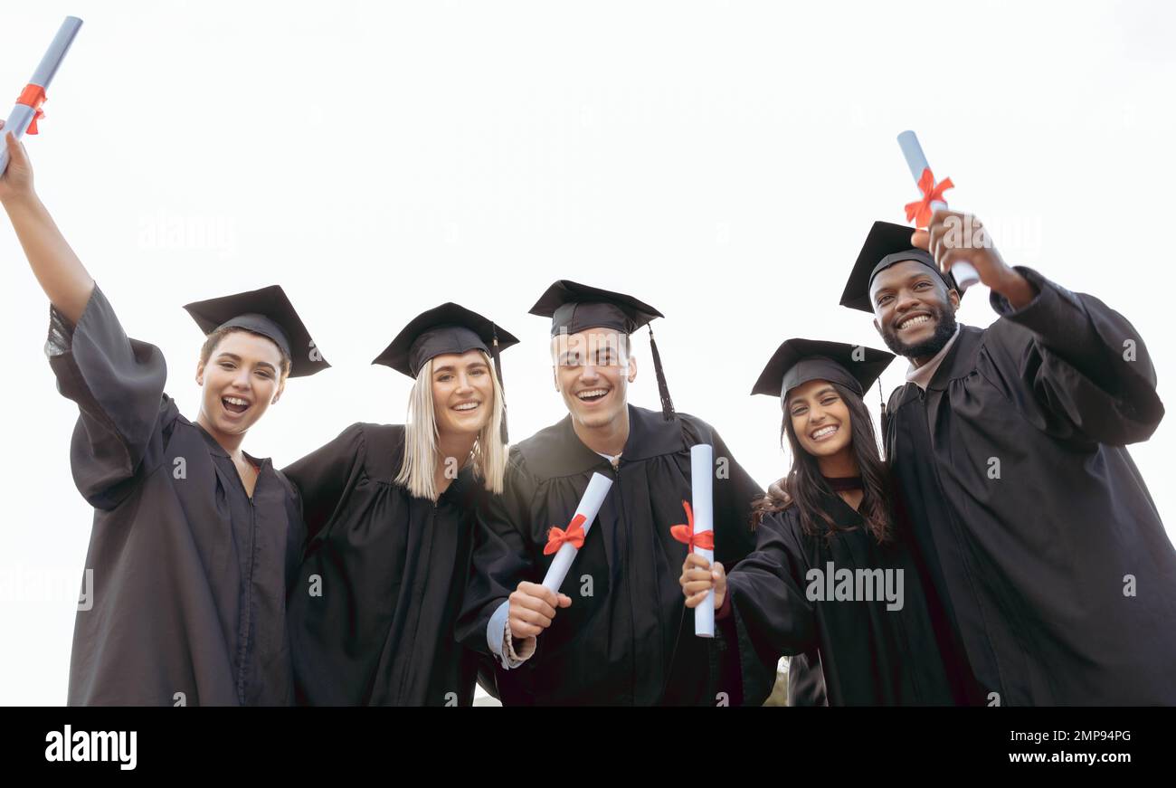 Graduation, friends and portrait of students with success, education ...