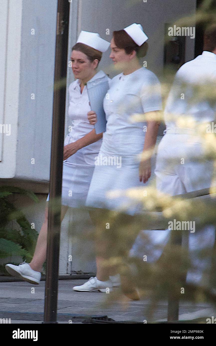 Actors prepare to shoot the asylum scenes on the set of "American ...