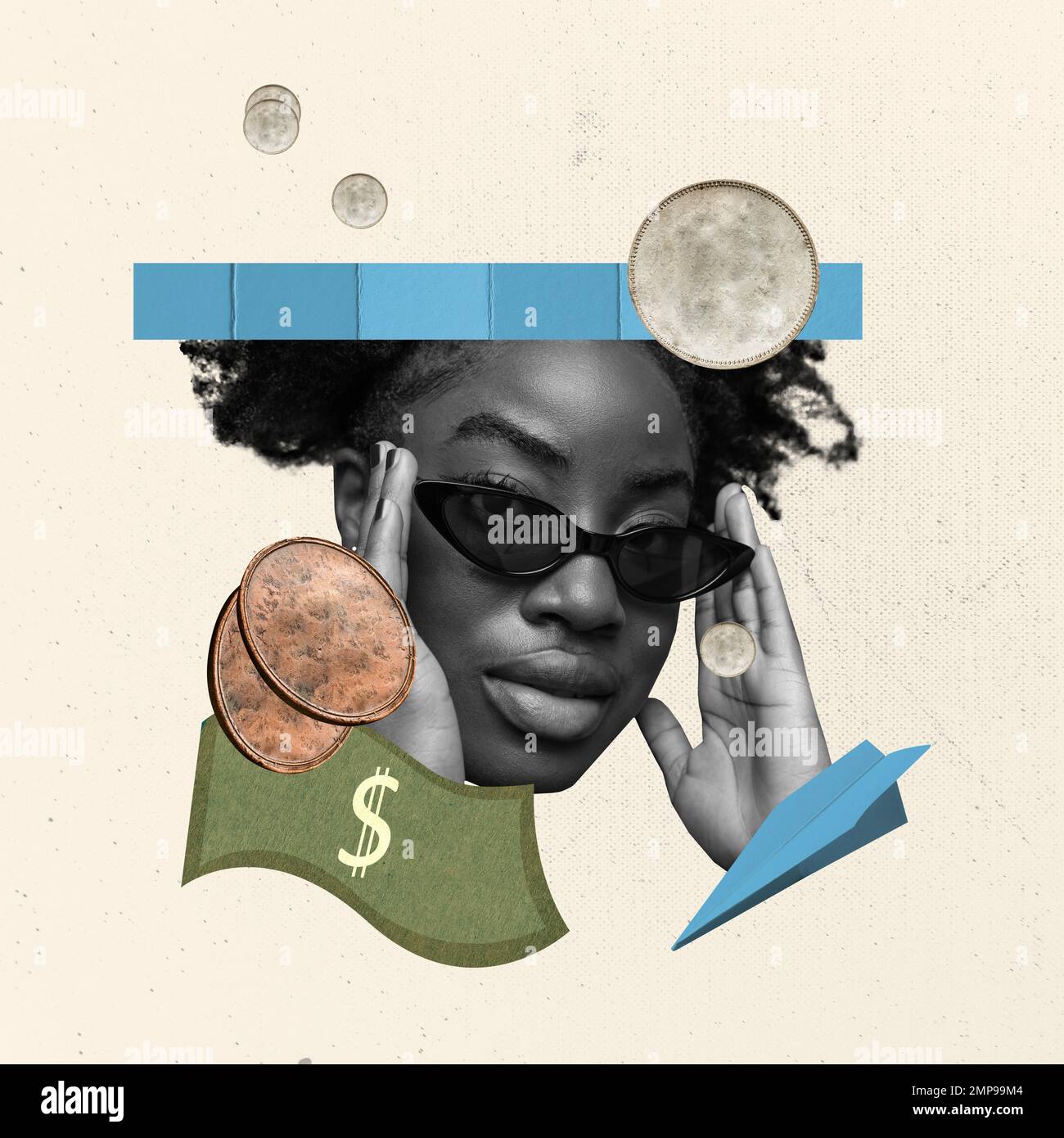 Contemporary art collage. Conceptual design. African woman, freelancer ...