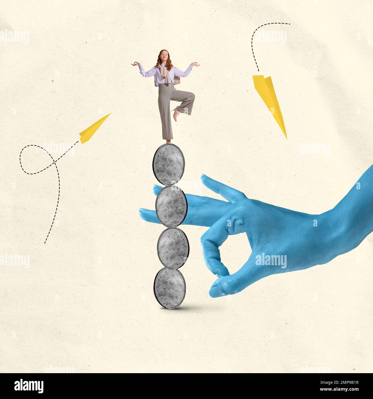 Contemporary art collage. Conceptual design. Keeping balance. Girl ...