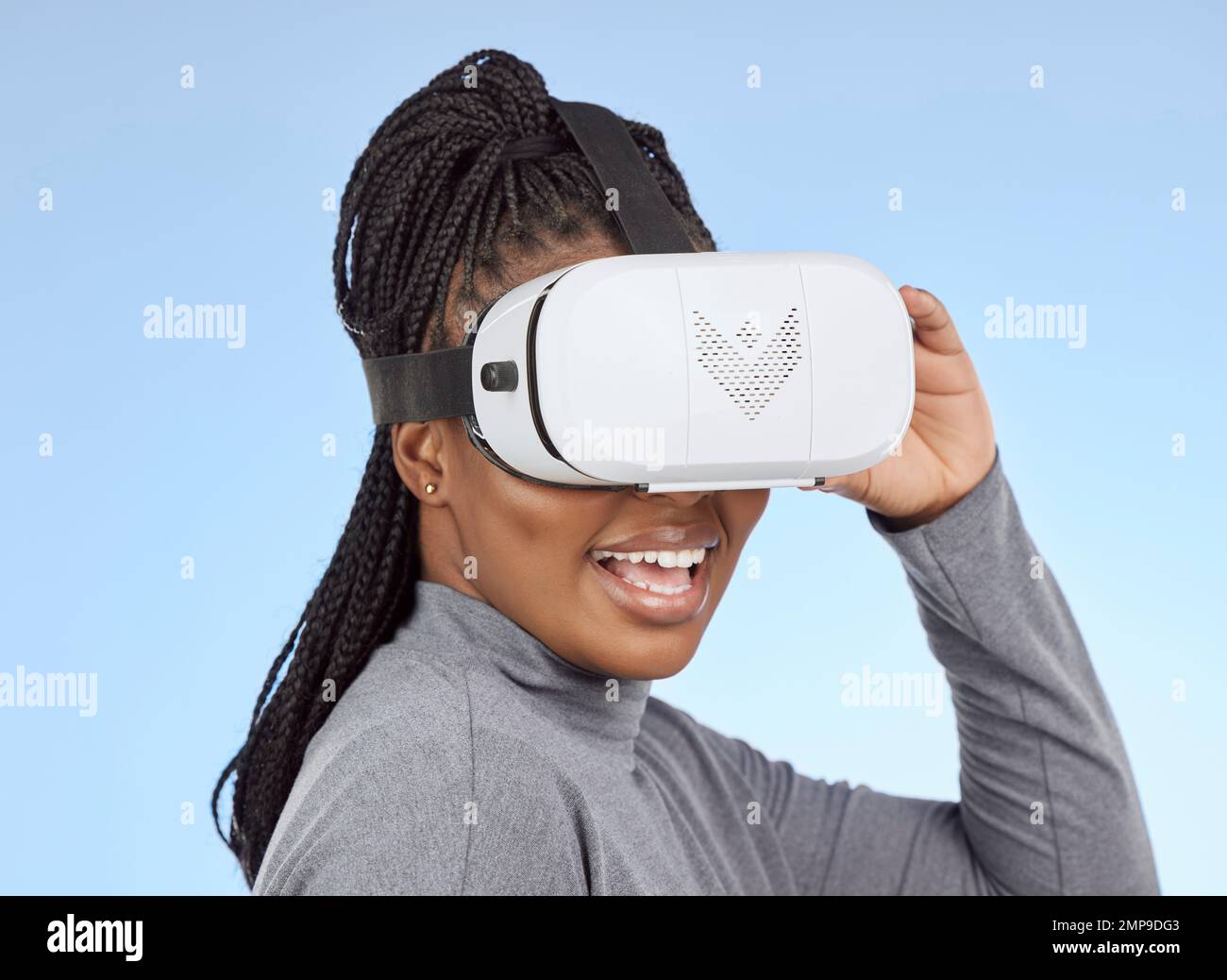Metaverse, gaming and vr with black woman and headset for future, cyber ...
