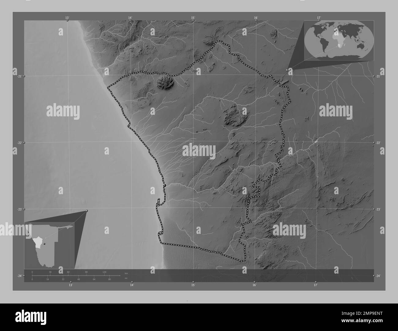 Erongo, region of Namibia. Grayscale elevation map with lakes and ...