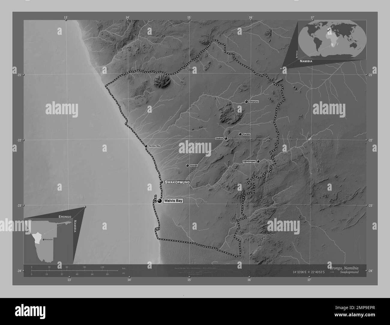 Erongo, region of Namibia. Grayscale elevation map with lakes and ...