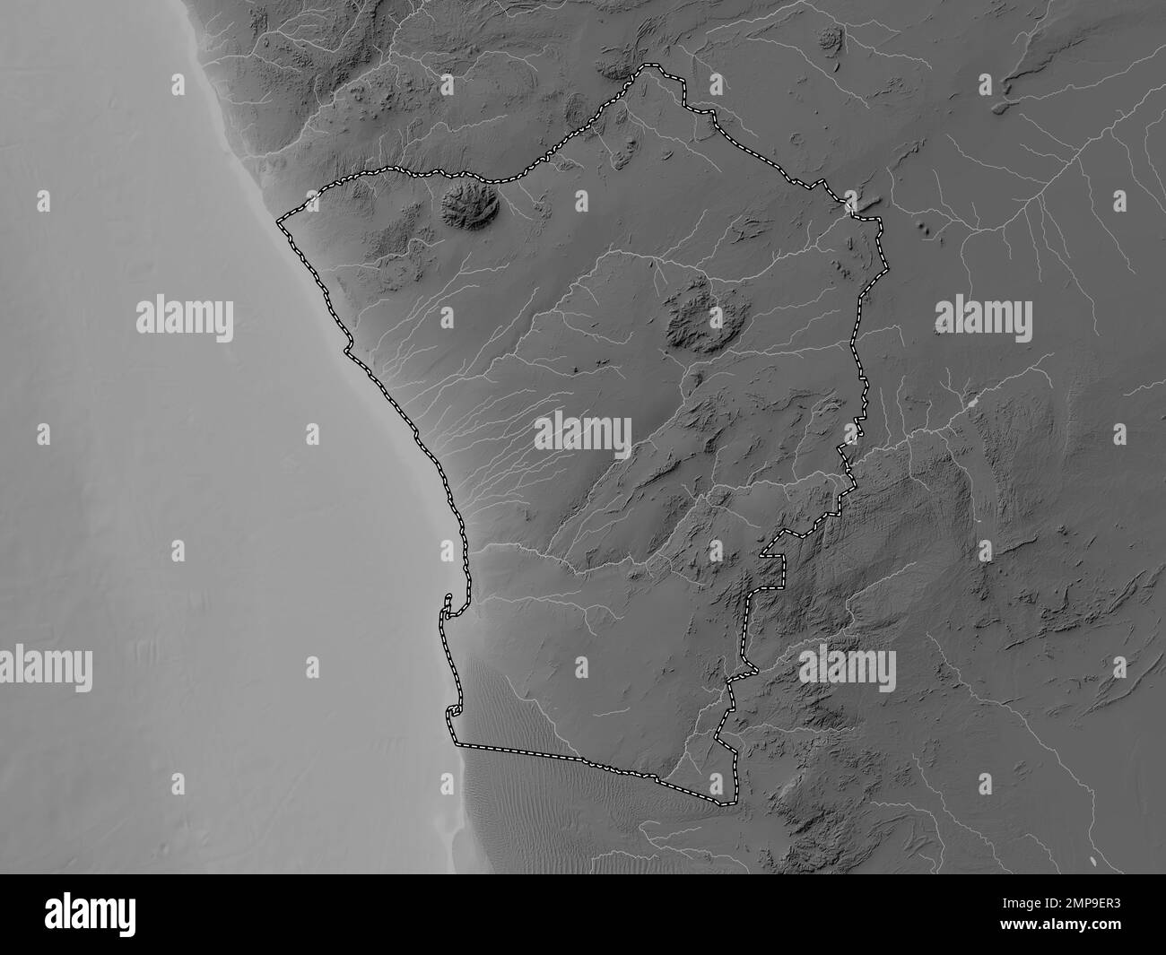Erongo, region of Namibia. Grayscale elevation map with lakes and ...