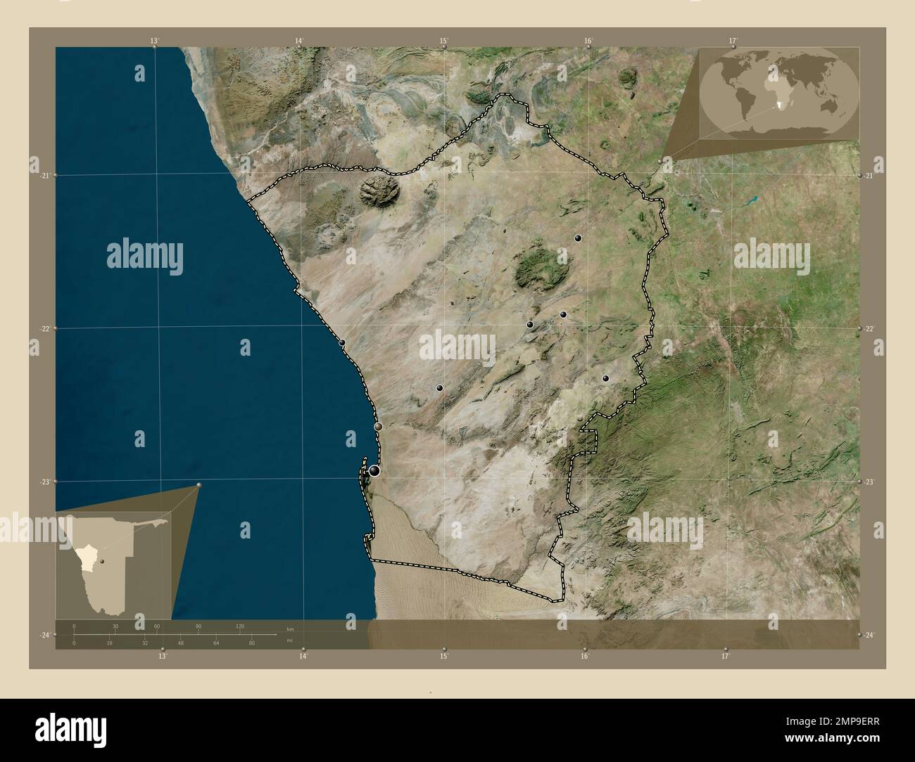 Erongo, region of Namibia. High resolution satellite map. Locations of ...