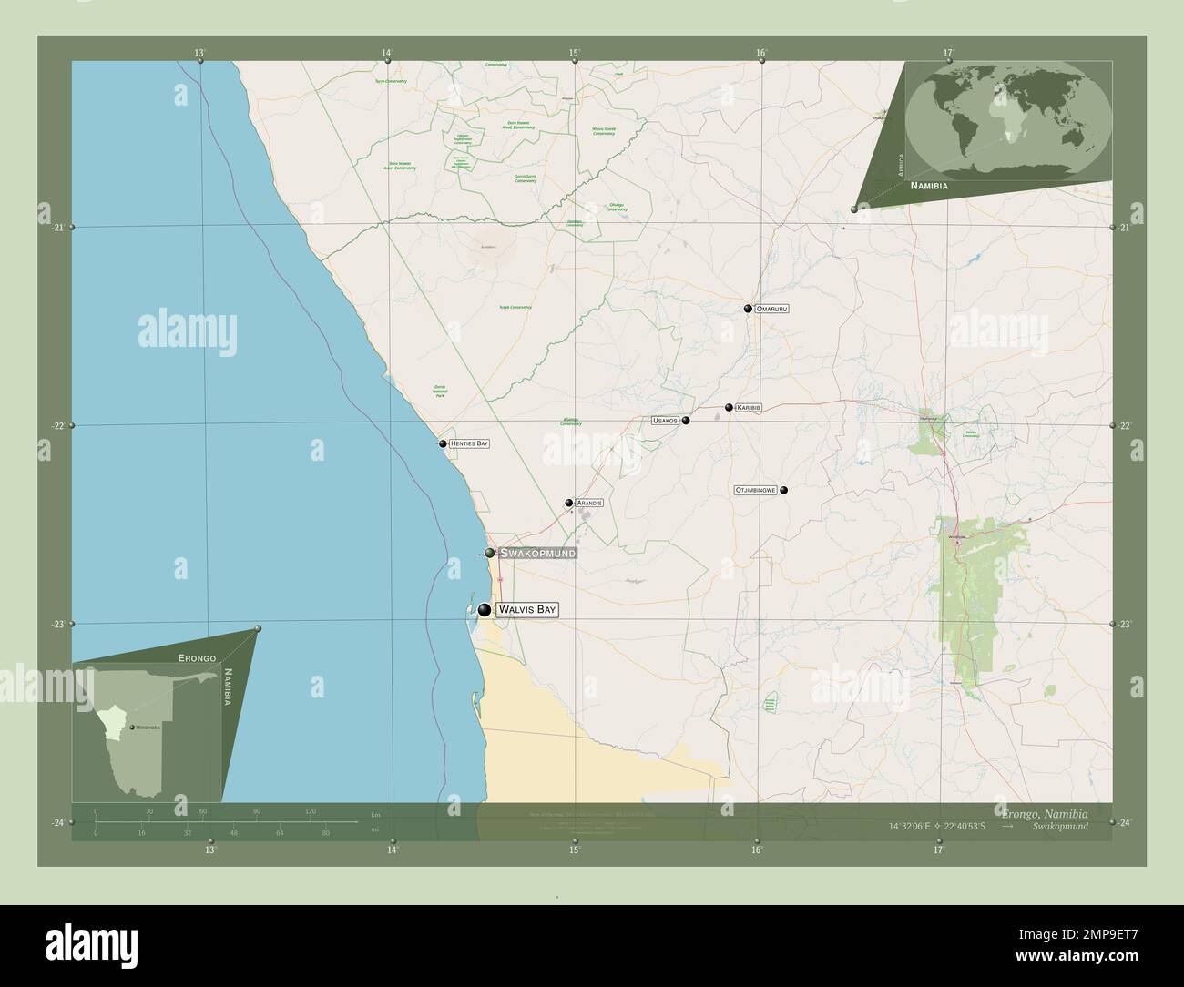 Erongo, region of Namibia. Open Street Map. Locations and names of ...