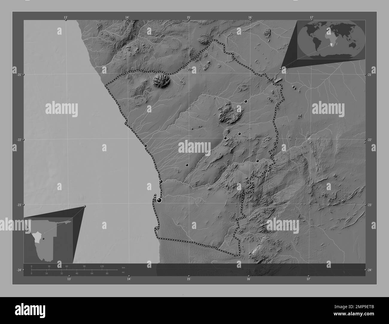 Erongo, region of Namibia. Bilevel elevation map with lakes and rivers ...