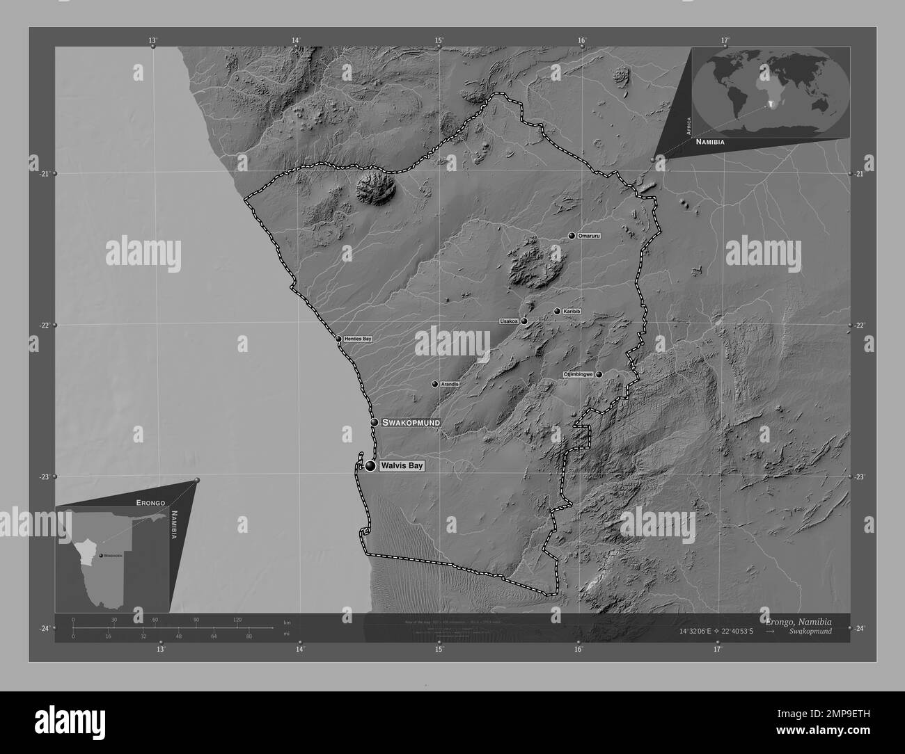 Erongo, region of Namibia. Bilevel elevation map with lakes and rivers ...