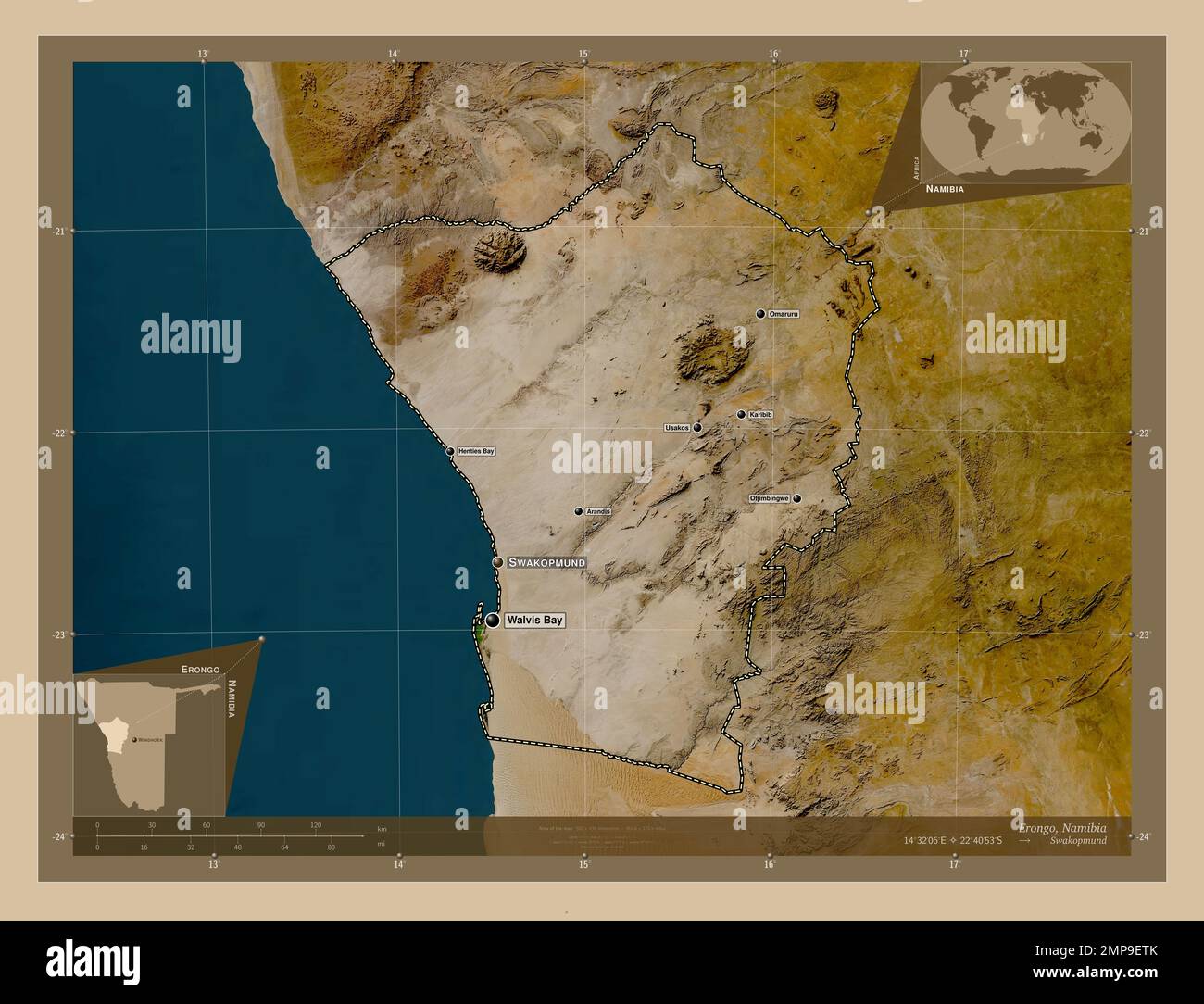 Erongo, region of Namibia. Low resolution satellite map. Locations and ...