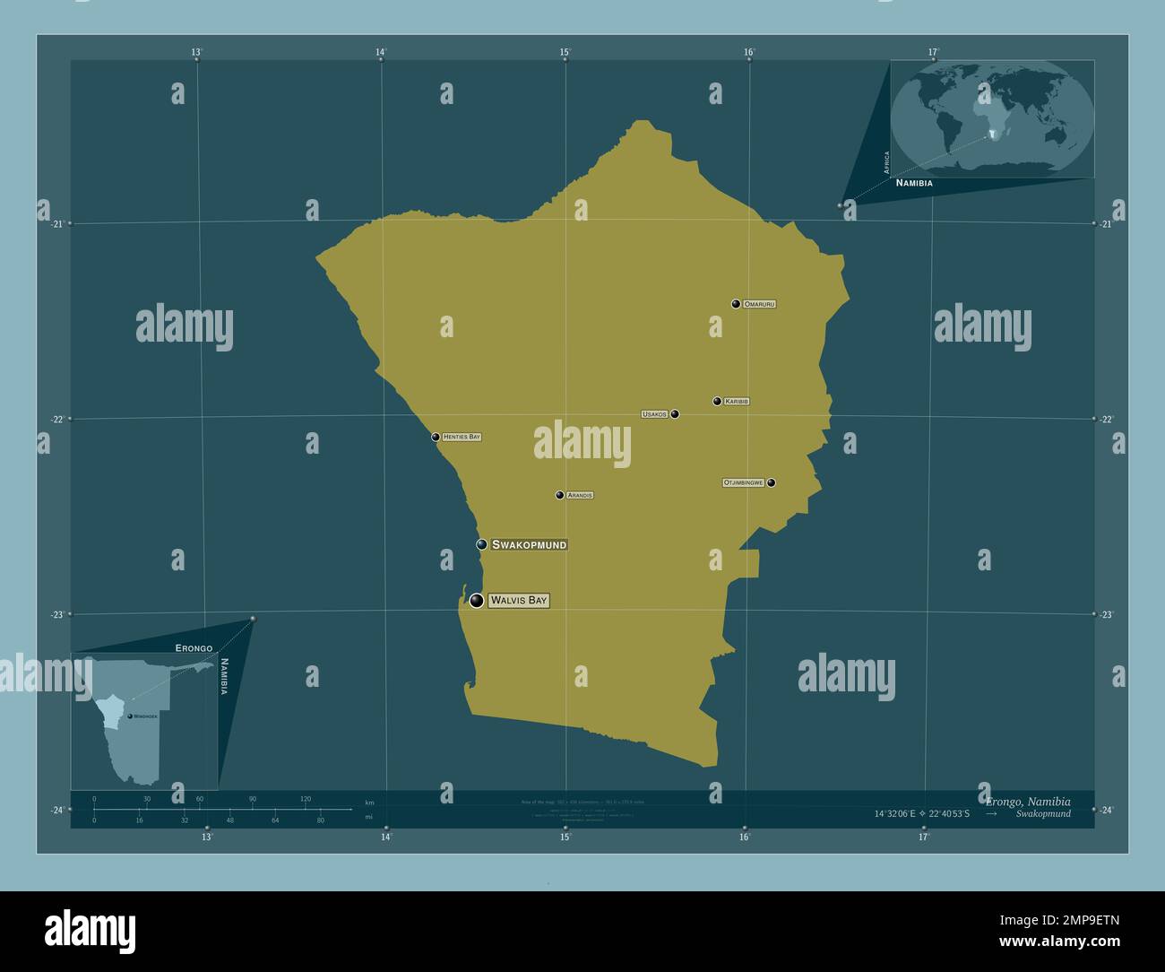 Erongo, region of Namibia. Solid color shape. Locations and names of ...