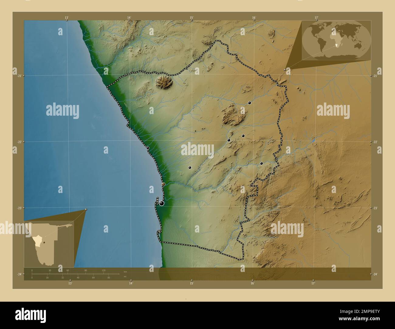 Erongo, region of Namibia. Colored elevation map with lakes and rivers ...