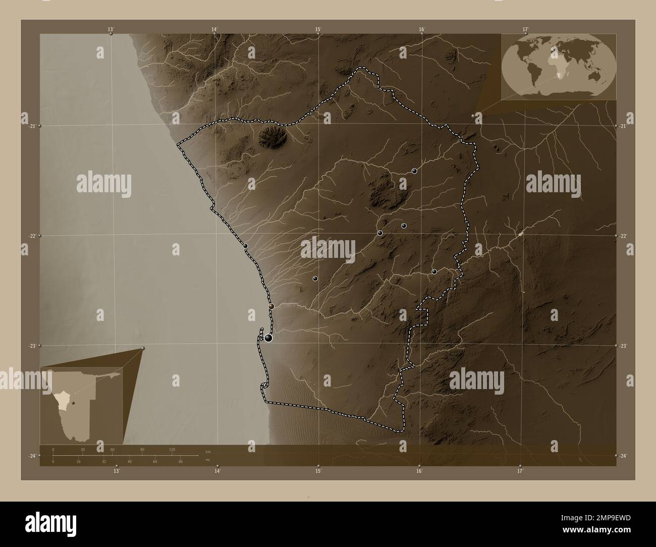 Erongo, region of Namibia. Elevation map colored in sepia tones with ...