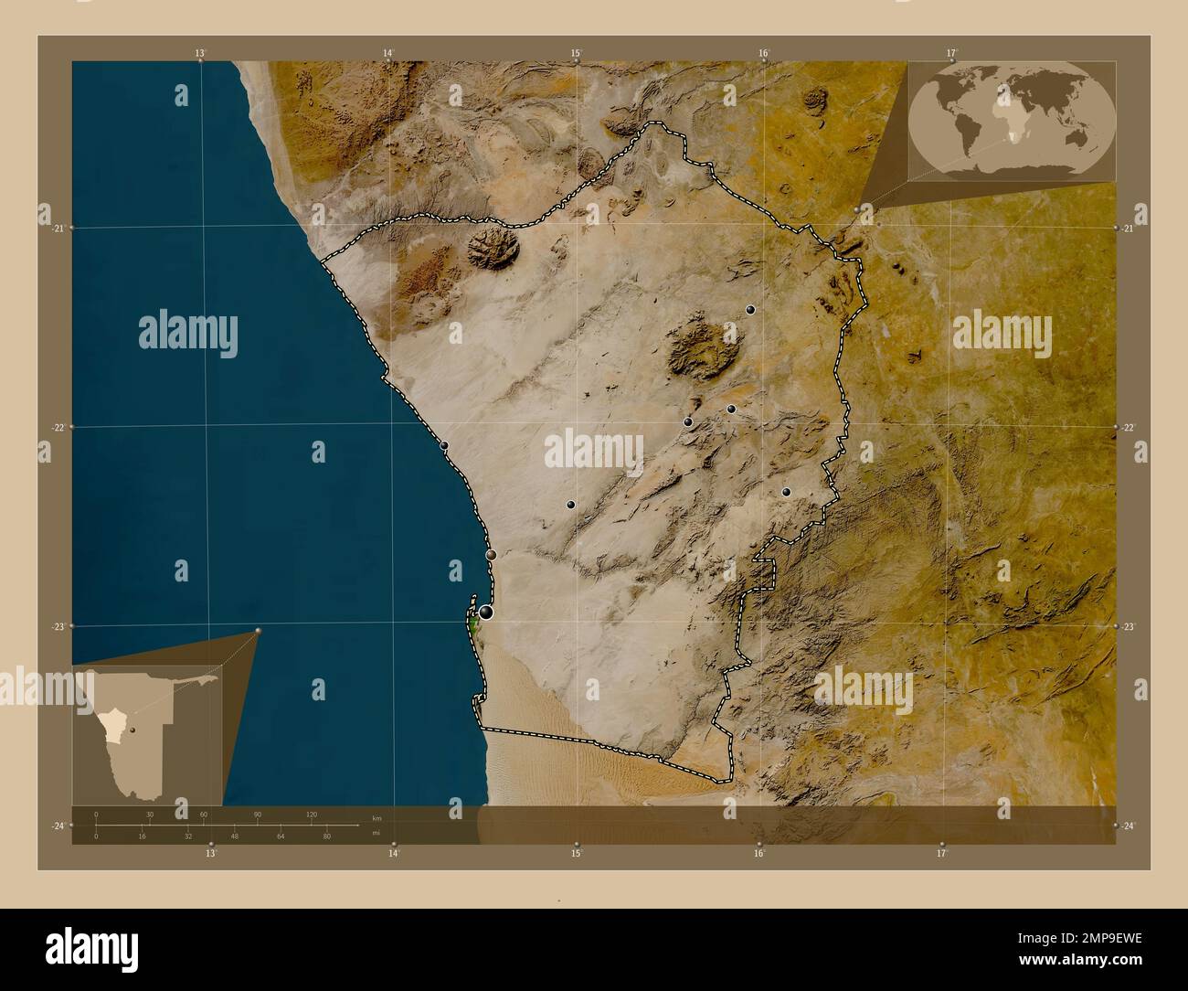 Erongo, region of Namibia. Low resolution satellite map. Locations of ...
