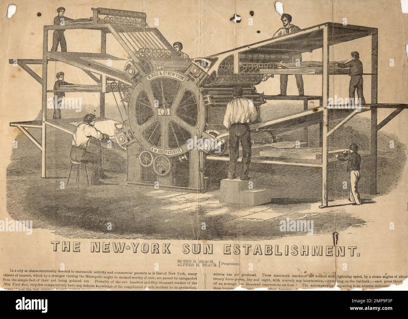 Wood engraving, ca. 1860, of the six-cylinder rotary Hoe Press in the ...