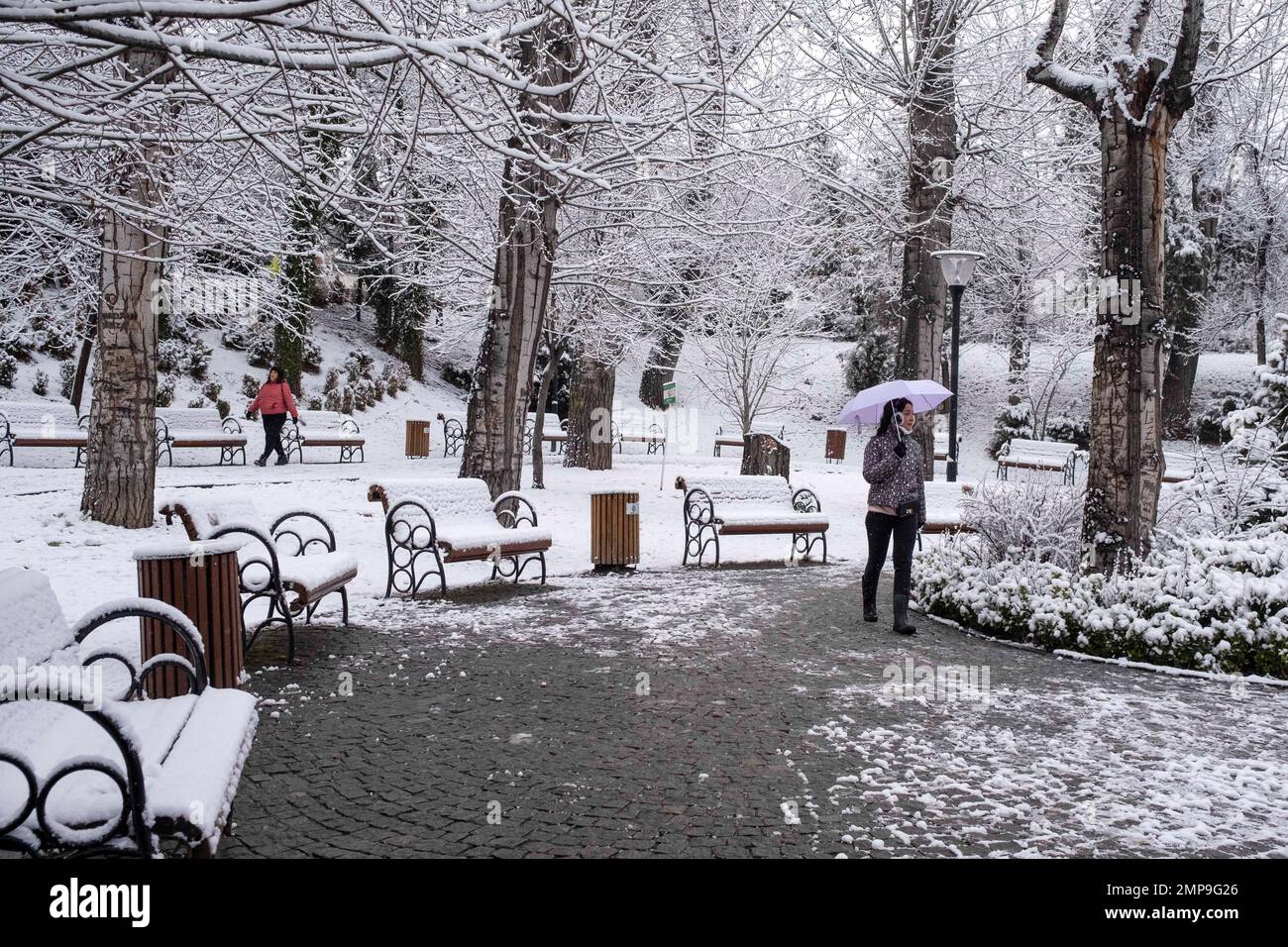 Ankara, Turkey. 31st Jan, 2023. Two women seen walk in the snow-white ...