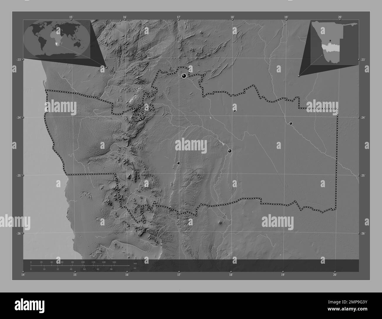 Hardap, region of Namibia. Bilevel elevation map with lakes and rivers ...