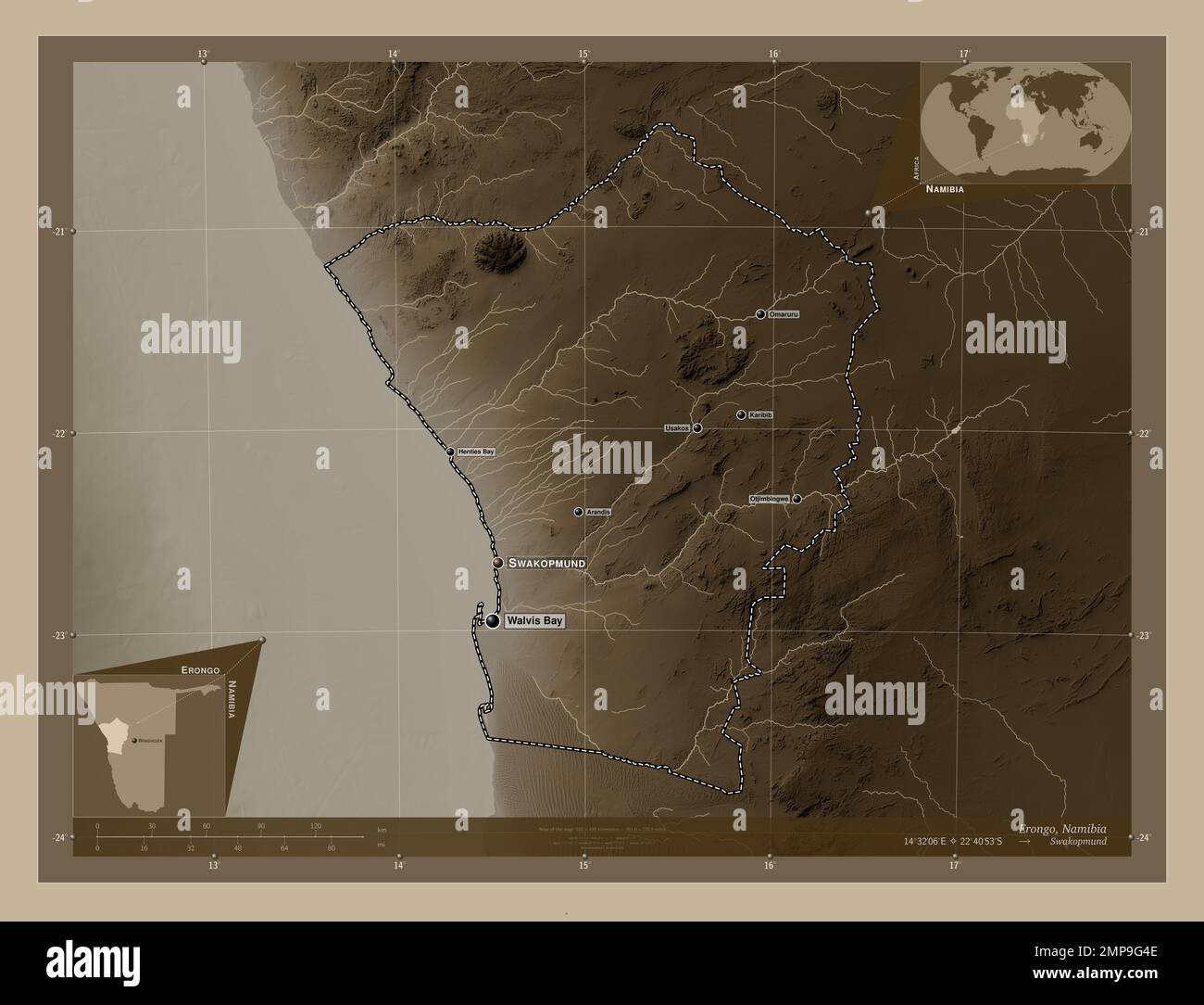 Erongo, region of Namibia. Elevation map colored in sepia tones with ...