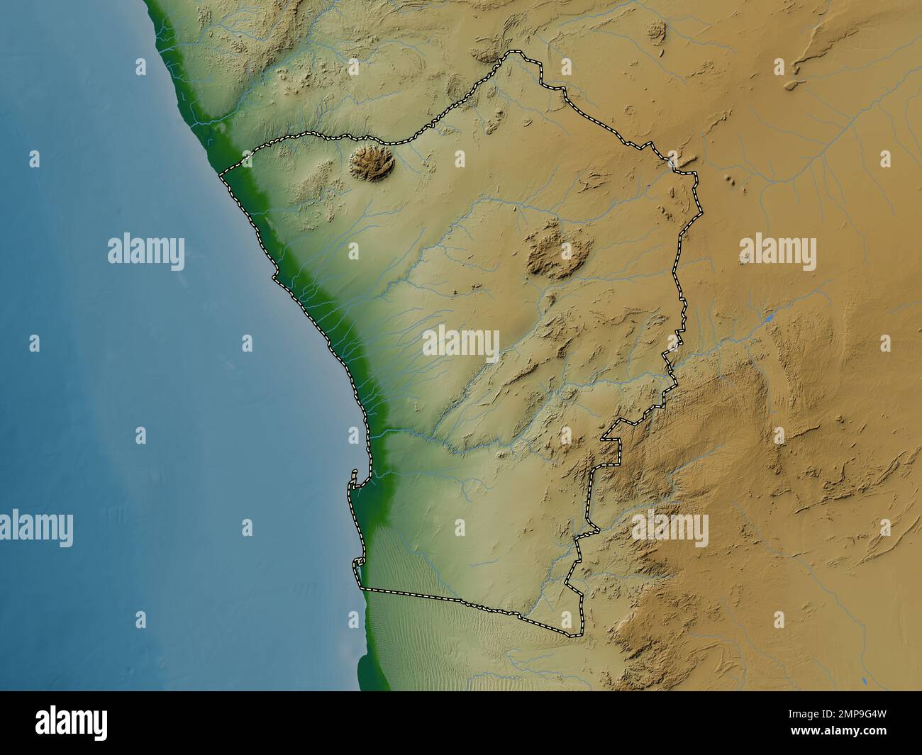 Erongo, region of Namibia. Colored elevation map with lakes and rivers ...