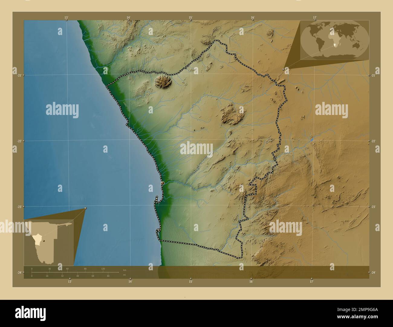 Erongo, region of Namibia. Colored elevation map with lakes and rivers ...