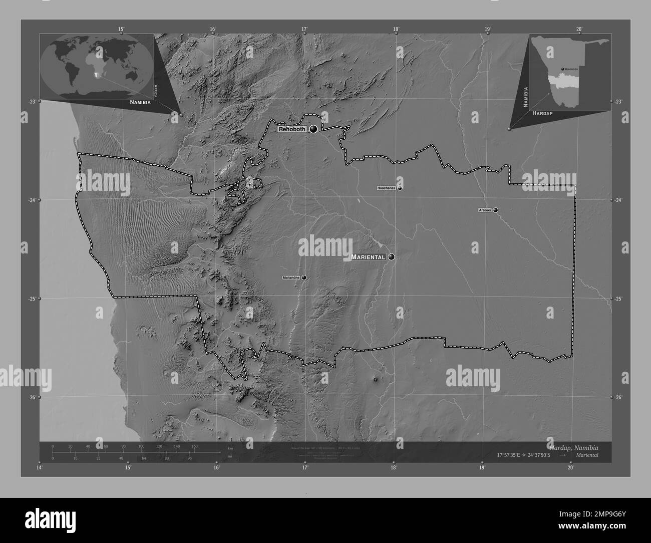 Hardap, region of Namibia. Bilevel elevation map with lakes and rivers ...