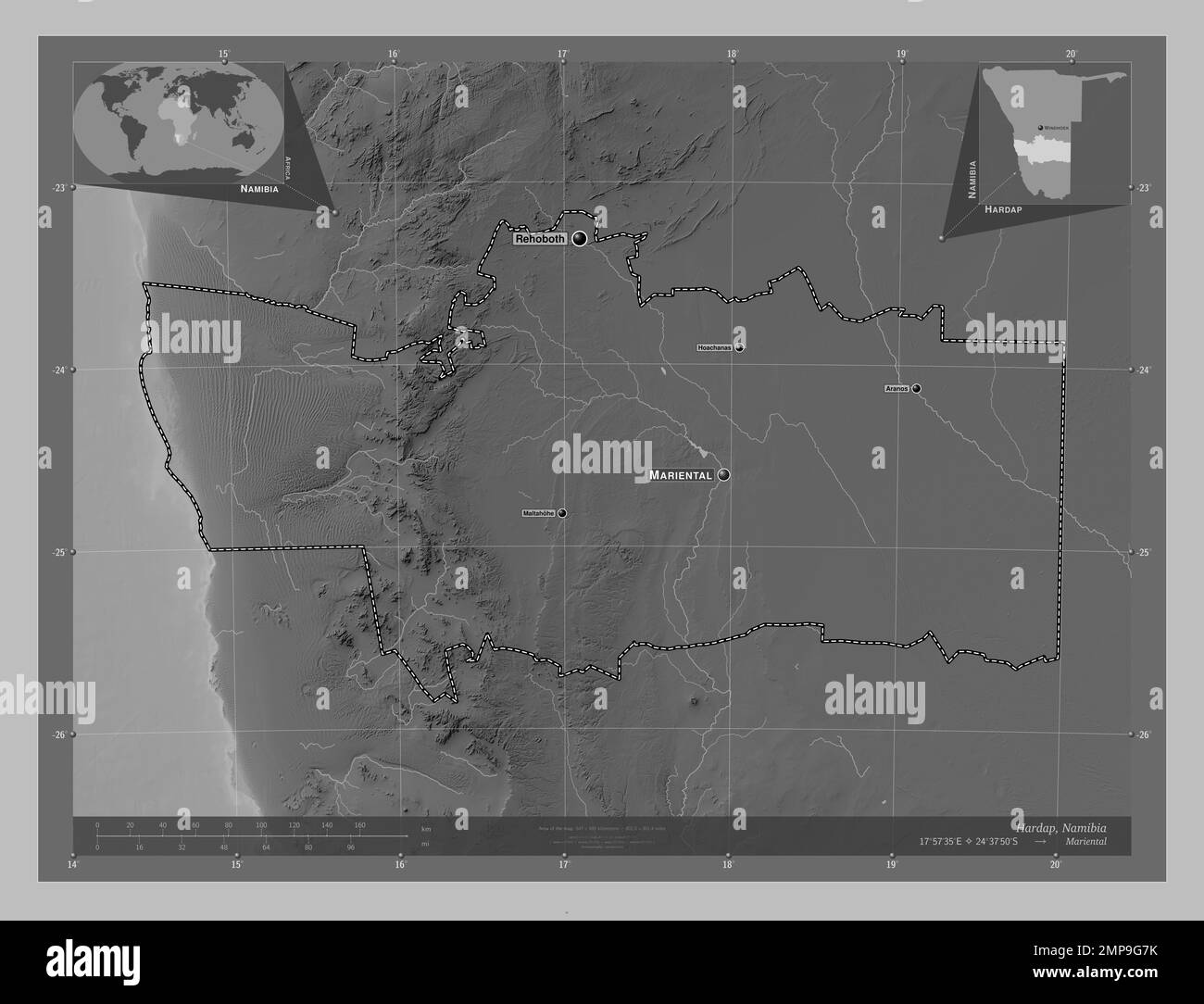Hardap, region of Namibia. Grayscale elevation map with lakes and ...