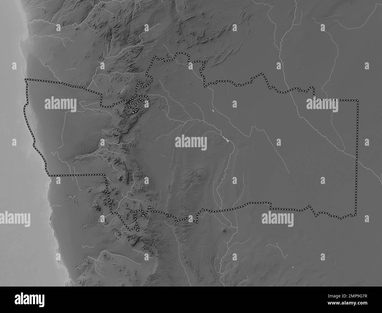 Hardap, region of Namibia. Grayscale elevation map with lakes and ...
