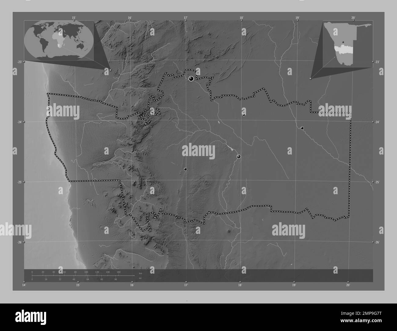 Hardap, region of Namibia. Grayscale elevation map with lakes and ...