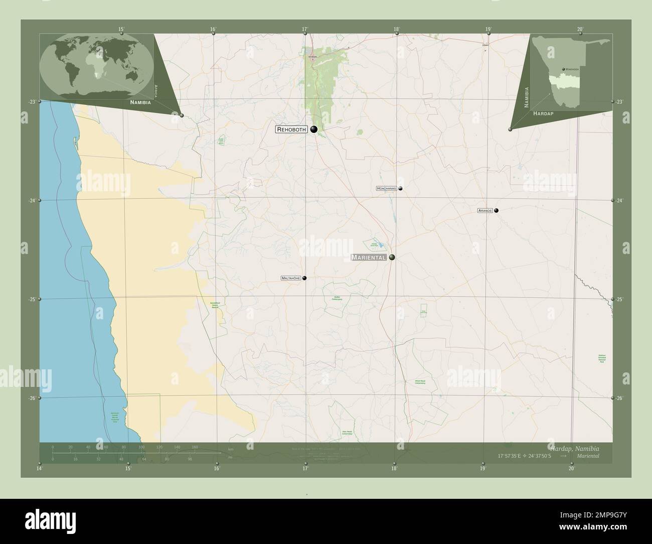Hardap, region of Namibia. Open Street Map. Locations and names of ...