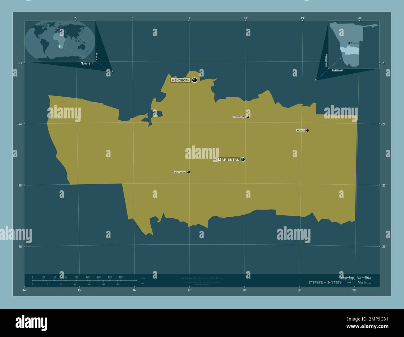 Hardap, region of Namibia. Solid color shape. Locations and names of ...