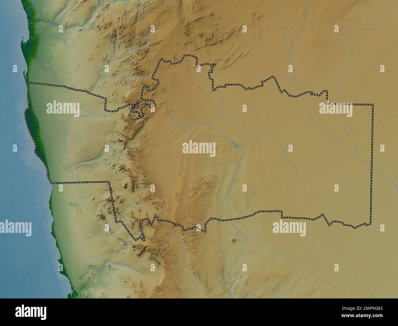 Hardap, region of Namibia. Colored elevation map with lakes and rivers ...