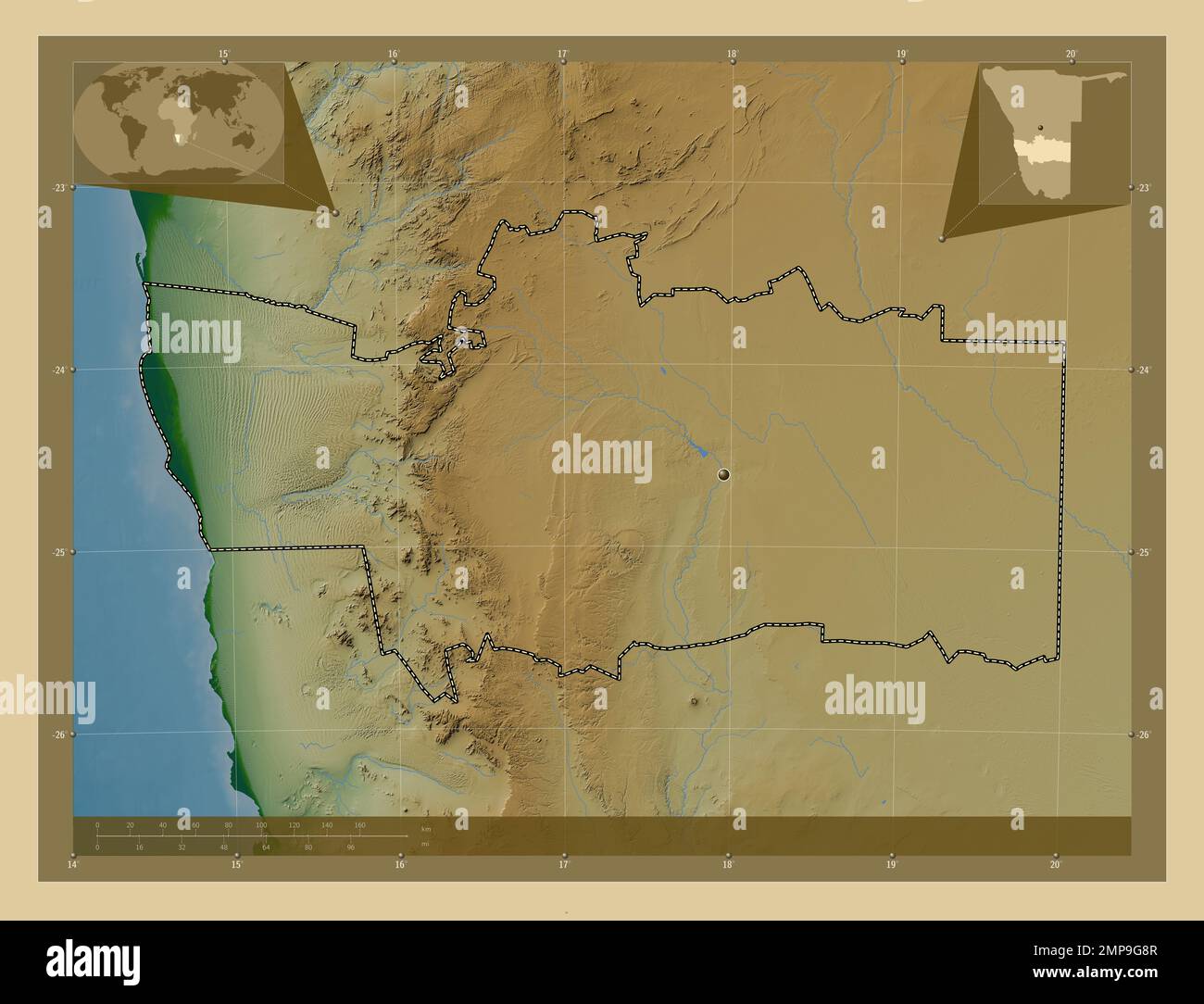 Hardap, region of Namibia. Colored elevation map with lakes and rivers ...