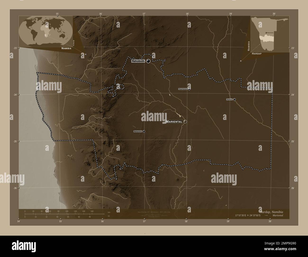 Hardap, region of Namibia. Elevation map colored in sepia tones with ...