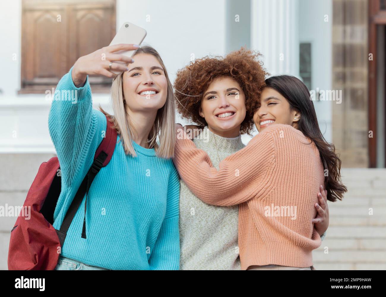 Women students, selfie and smile with hug at college campus for goals ...