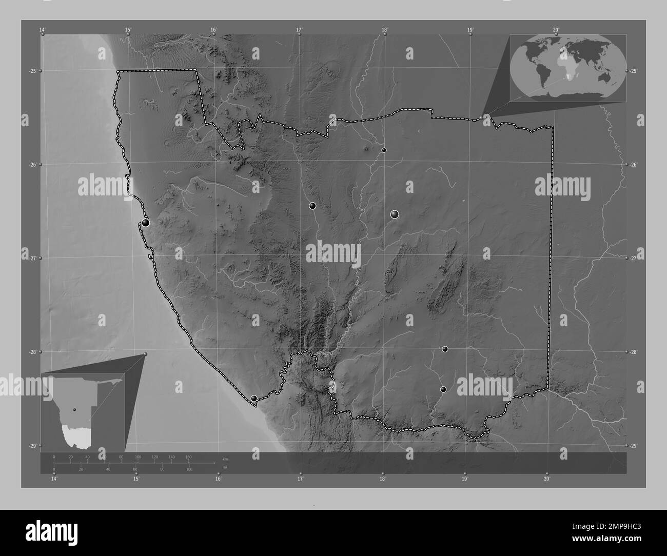 !Karas, region of Namibia. Grayscale elevation map with lakes and ...