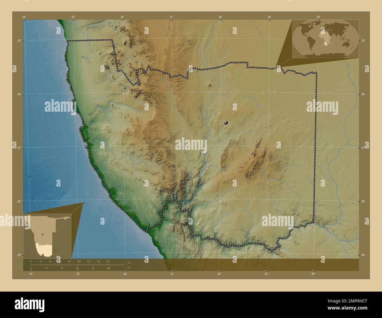 !Karas, region of Namibia. Colored elevation map with lakes and rivers ...