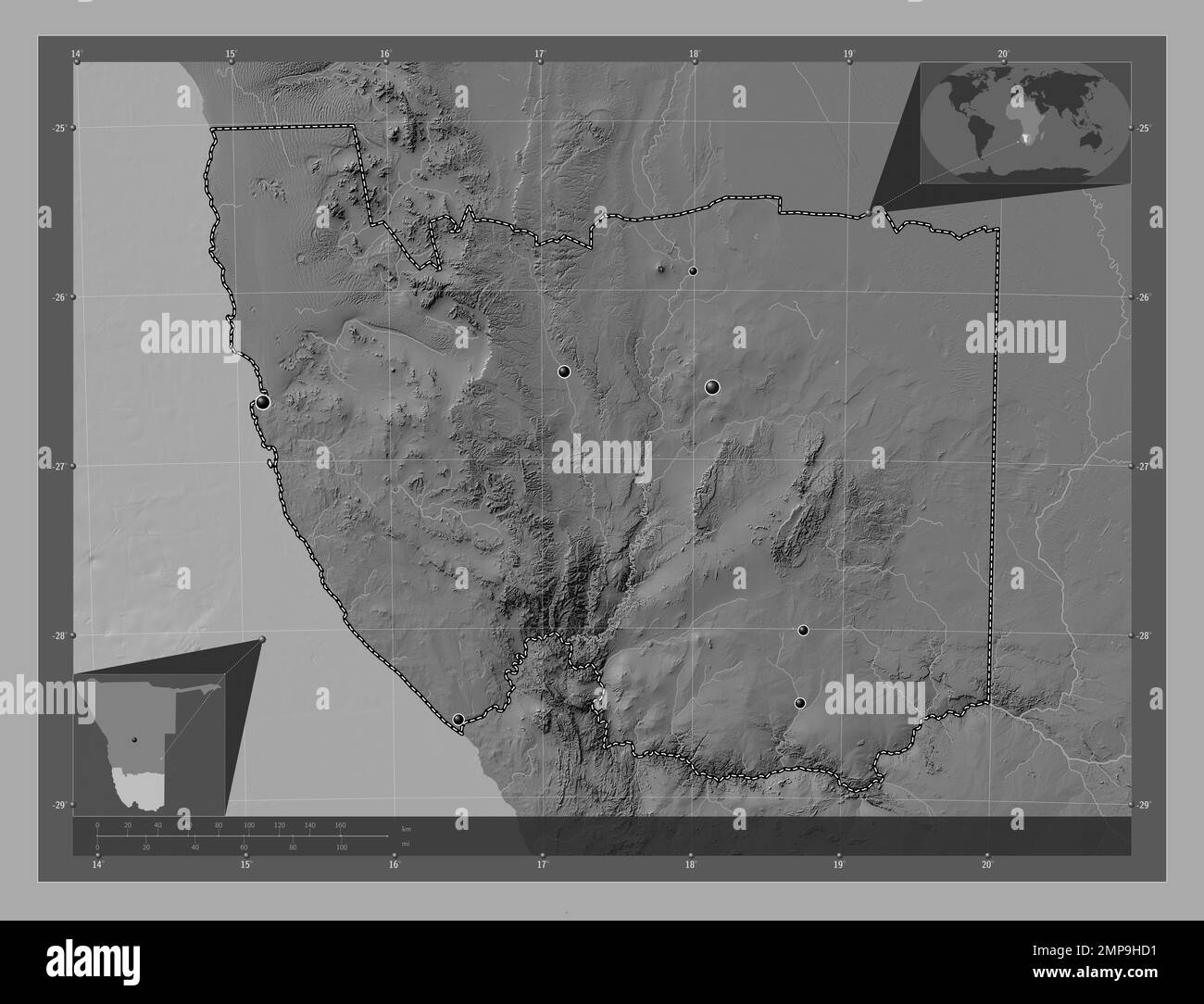 !Karas, region of Namibia. Bilevel elevation map with lakes and rivers ...