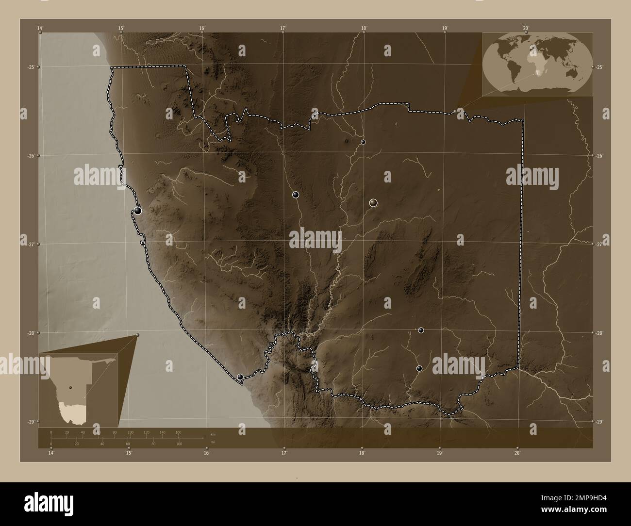!Karas, region of Namibia. Elevation map colored in sepia tones with ...