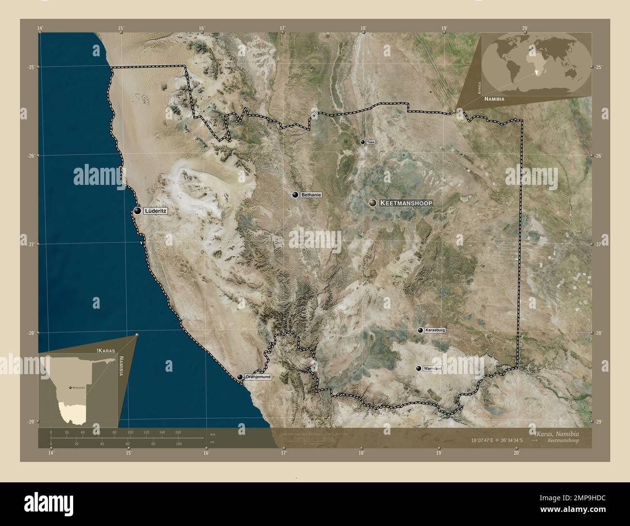 !Karas, region of Namibia. High resolution satellite map. Locations and ...