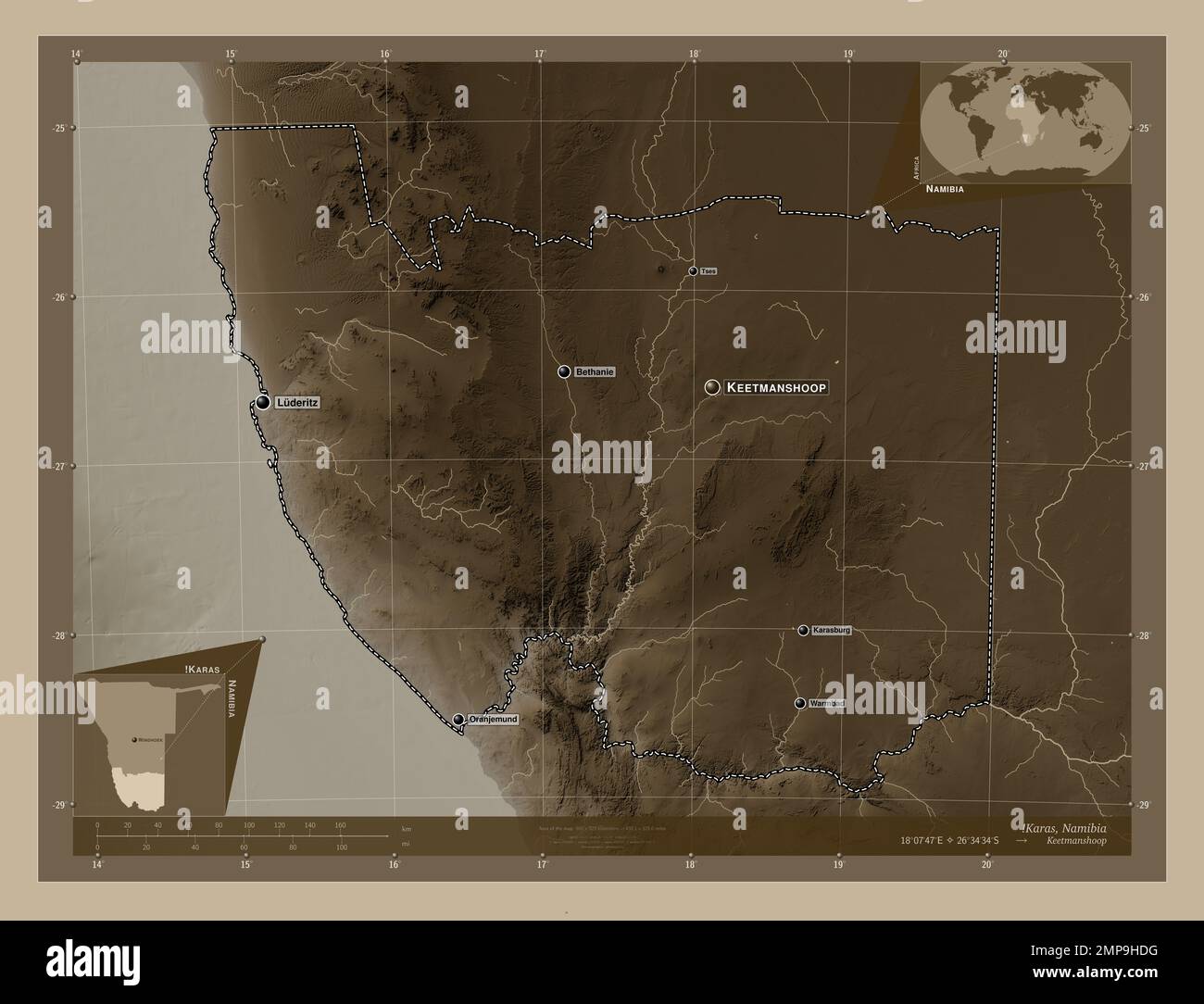 !Karas, region of Namibia. Elevation map colored in sepia tones with ...